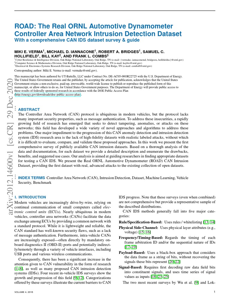 Controller Area Network Intrusion Detection Dataset Pdf Osi Model Information Age