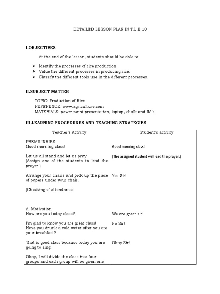 Detailed Lesson Plan in TLE (Production of Rice) Truth | PDF | Harvest ...