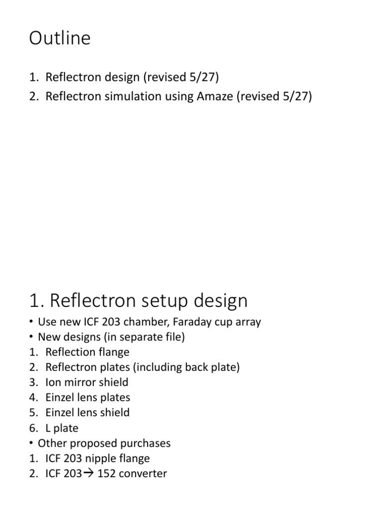 Outline: 1. Reflectron Design (Revised 5/27) 2. Reflectron Simulation ...