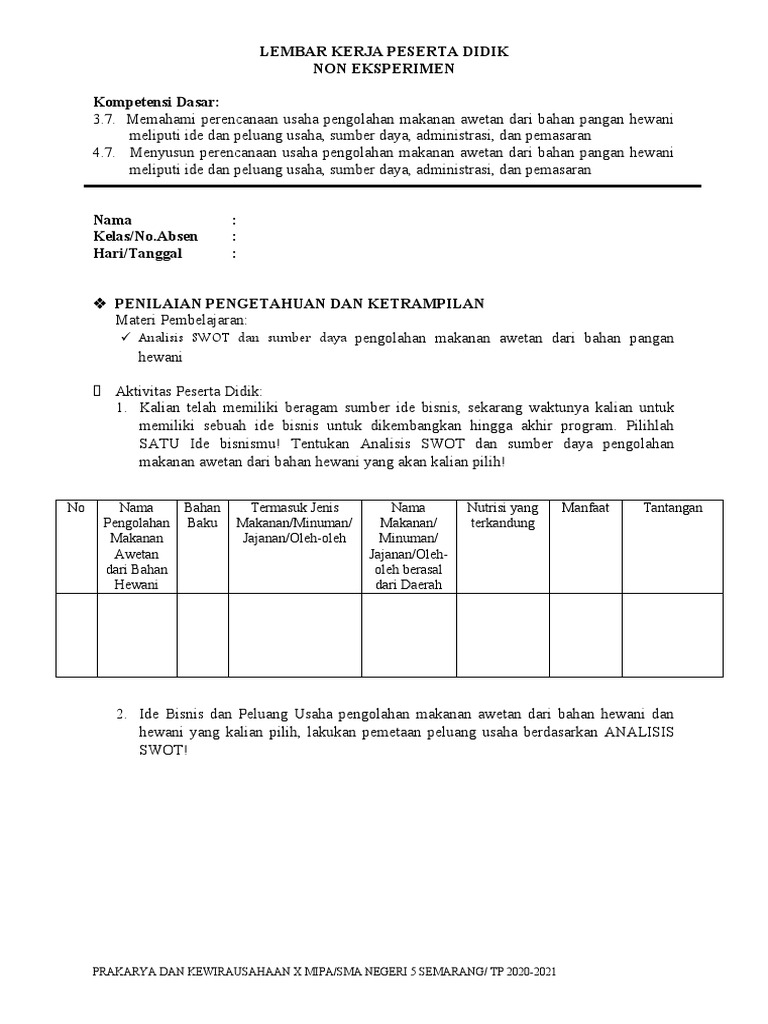 LKPD Pkwu X Sem 2-Analisis Swot Dan Sumber Daya Pengolahan Awetan Hewani | PDF