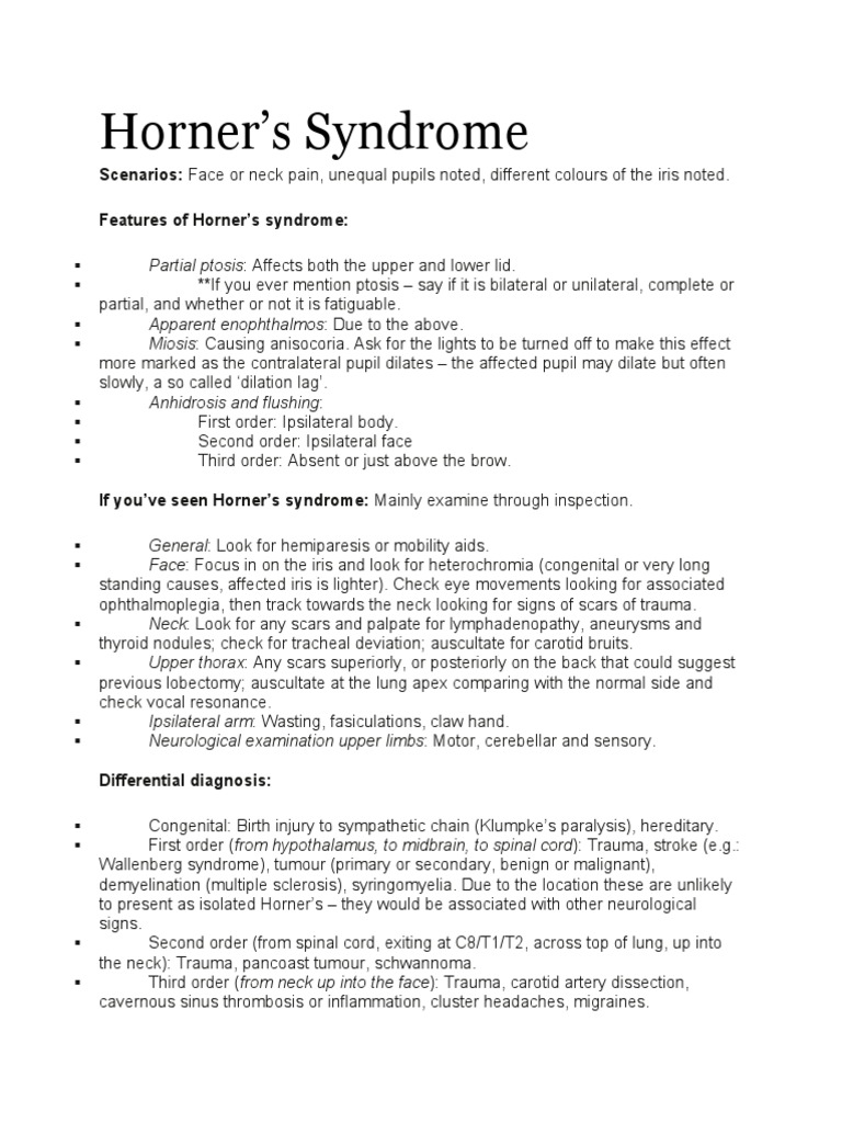 Horner Syndrome - PACES | PDF | Neurology | Human Diseases And Disorders
