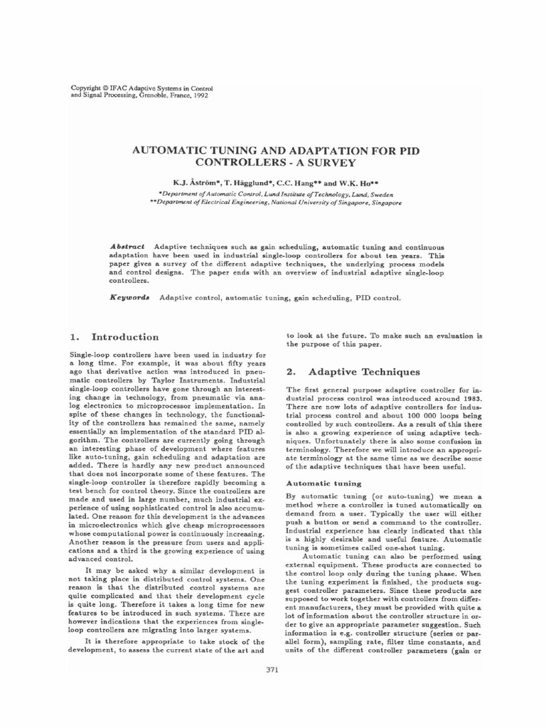 Automatic Tuning and Adaptation For Pid Controllers-A Survey | PDF | Control Theory | Systems Theory