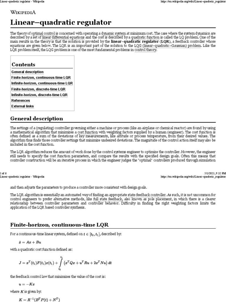 Linear-Quadratic Regulator - Wikipedia | PDF | Control Engineering ...