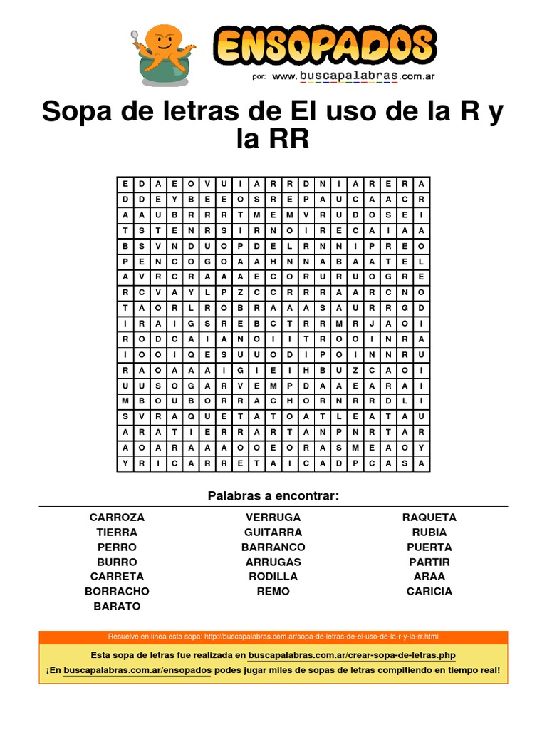 Sopa de Letras de El Uso de La R y La RR | PDF