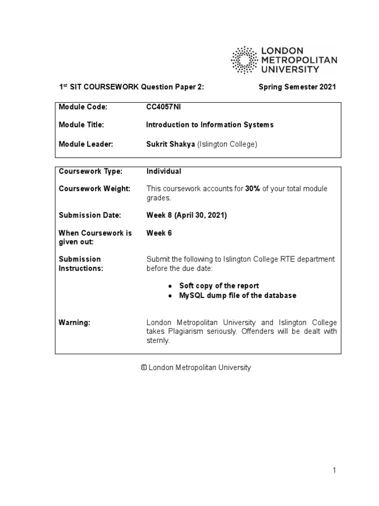 CC4057NI - Introduction To Information Systems S21 (1st Sit) - CW2 QP ...