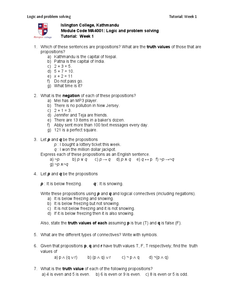 Module Code MA4001: Logic and Problem Solving Tutorial: Week 1 | PDF | Metalogic | Proposition