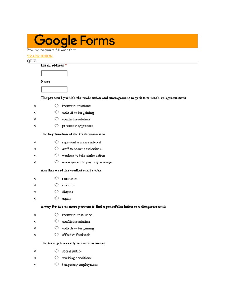 Trade Union Quiz Form | PDF