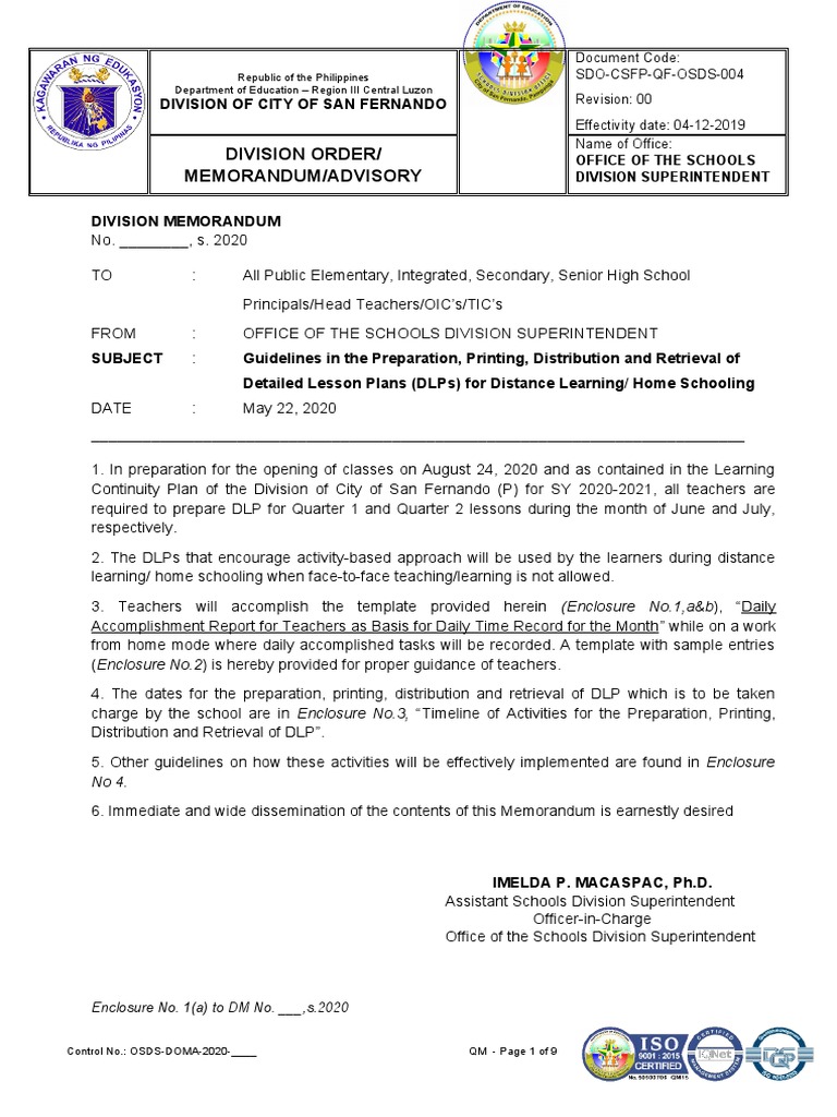 Division Order/ Memorandum/Advisory: Division of City of San Fernando ...