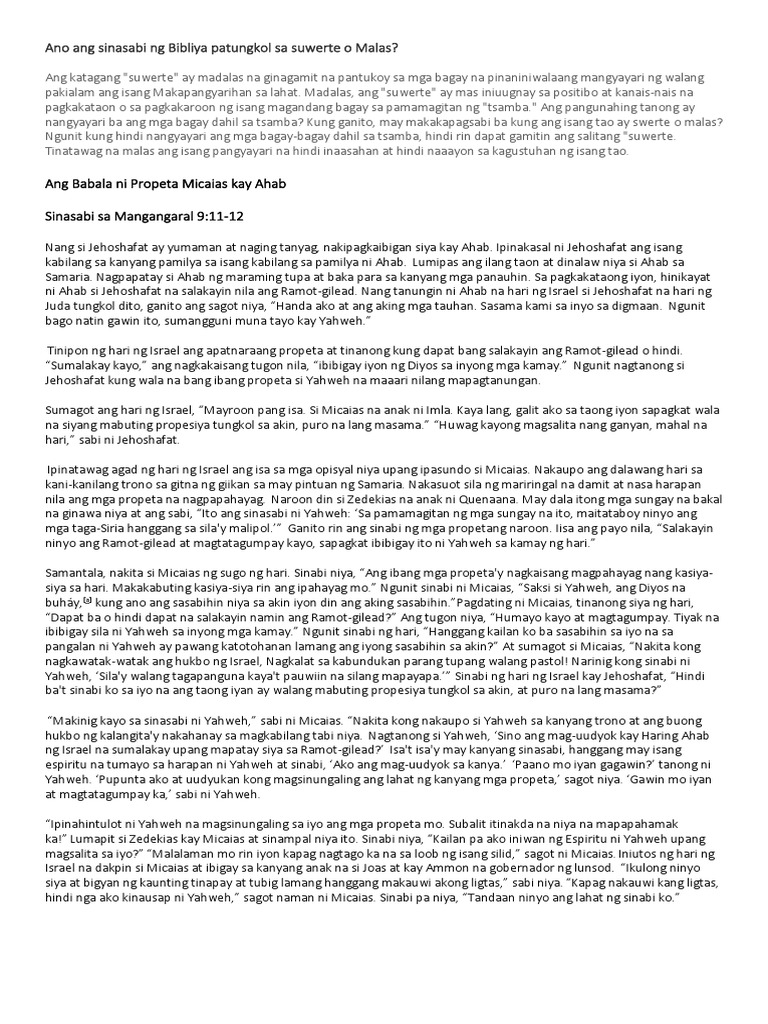 Ano Ang Sinasabi NG Bibliya Patungkol Sa Suwerte o Malas | PDF