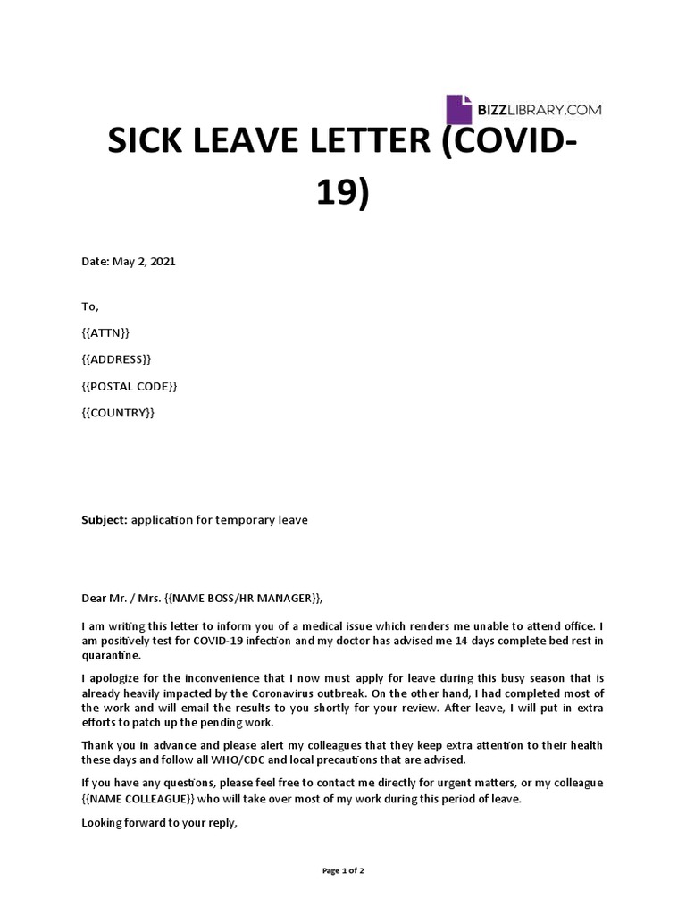 Covid19 Sick Leave Letter Template | PDF