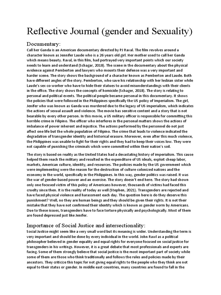 Reflective Journal (Gender and Sexuality) : Documentary | PDF | Social ...