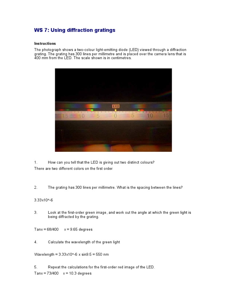 WS 7: Using Diffraction Gratings: Instructions | PDF | Diffraction | Color