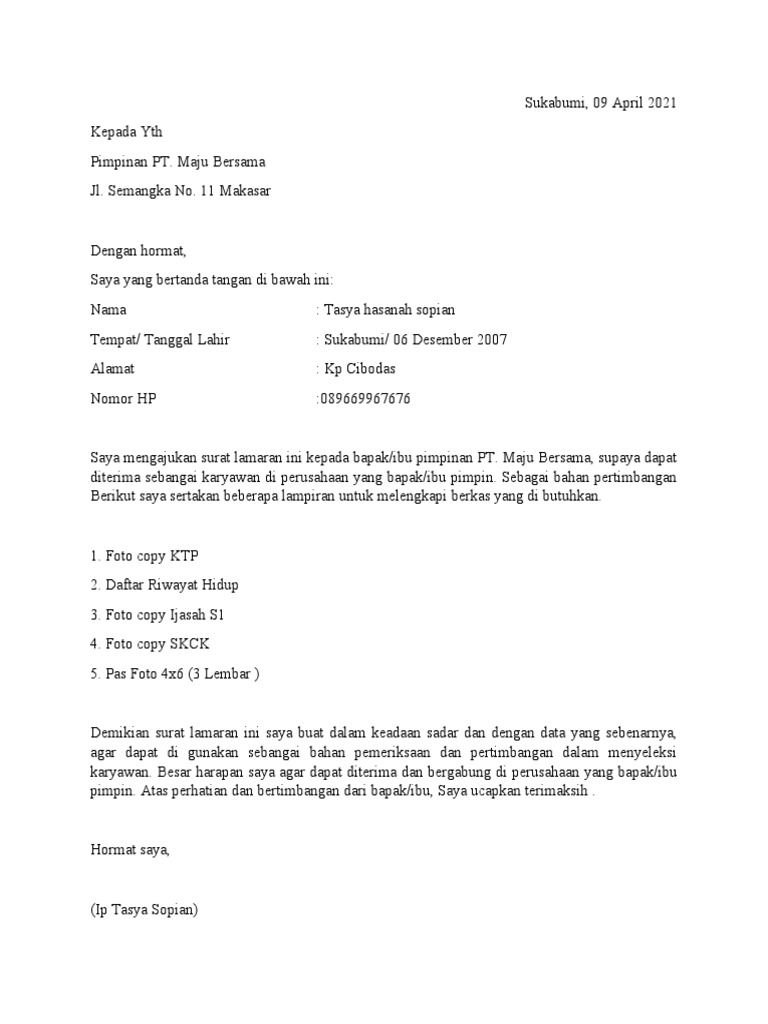 Surat Lamaran Kerja Tasya | PDF