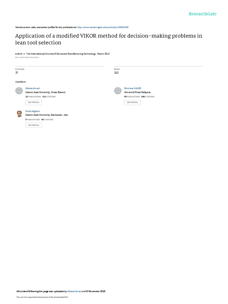 Application of A Modified VIKOR Method For Decision-Making Problems in Lean Tool Selection | PDF ...