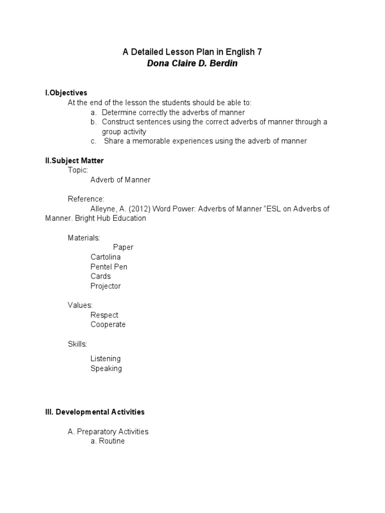 A Detailed Lesson Plan in English 7 Adve | PDF | Verb | Adverb