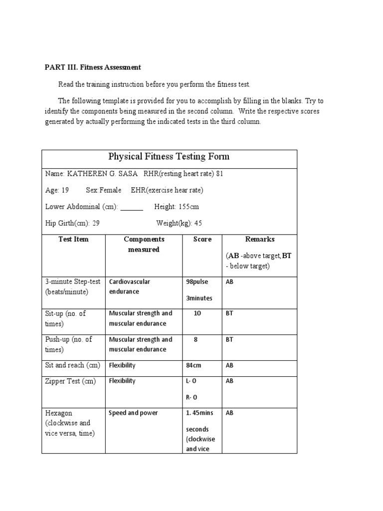 Physical Fitness Testing Form: PART III. Fitness Assessment | PDF ...