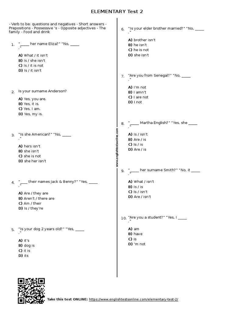 Elementary English Test 2 with Answers | PDF | Syntactic Relationships ...