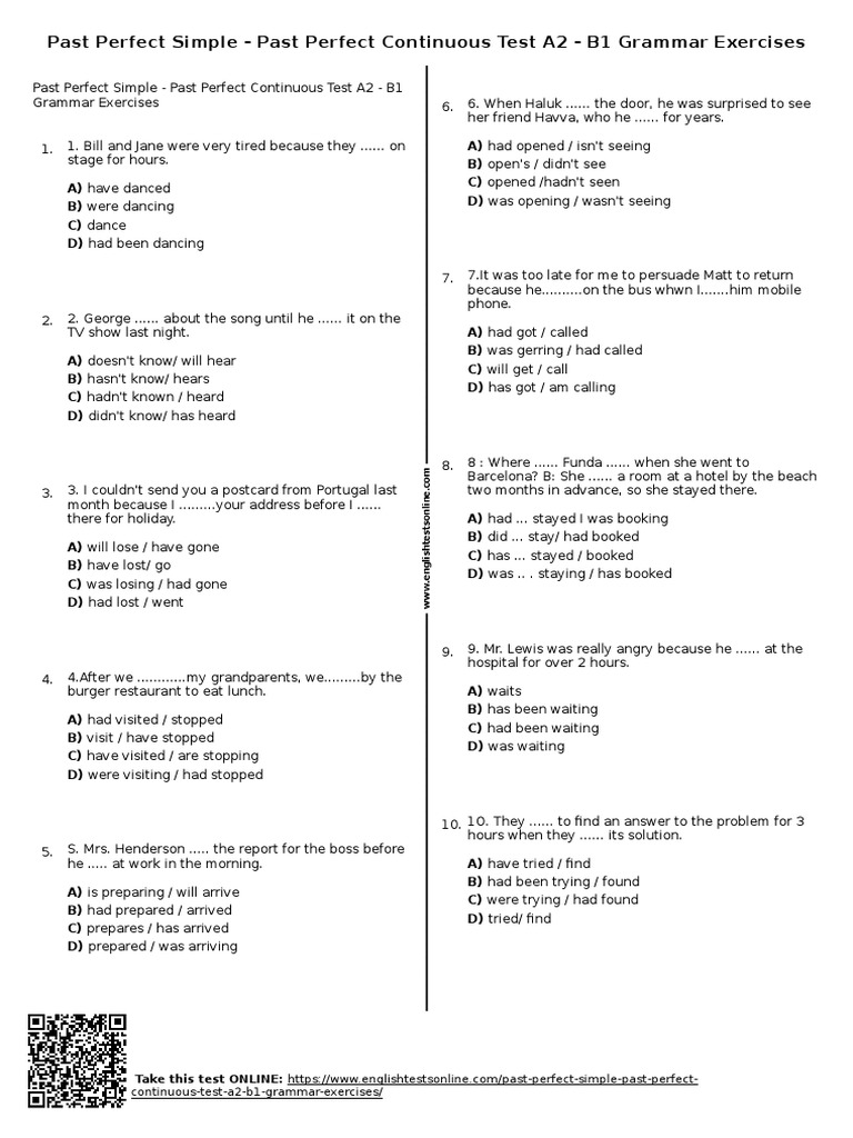 Past Perfect Simple - Past Perfect Continuous Test A2 - B1 Grammar ...