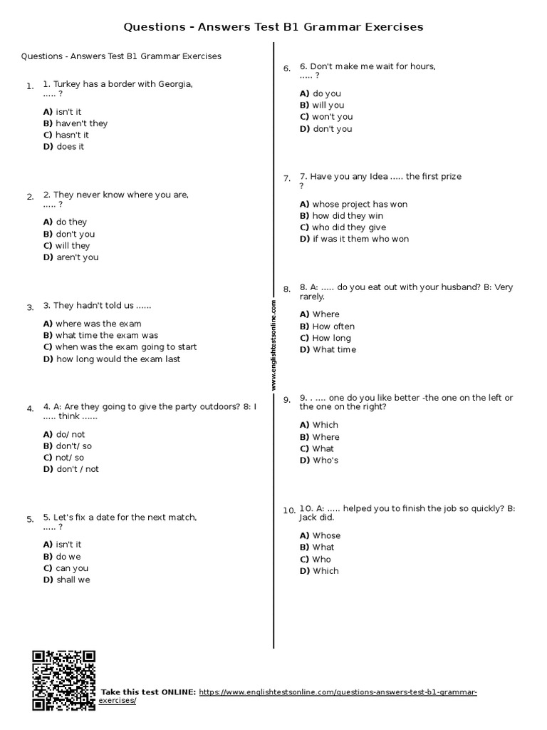 Questions - Answers Test B1 Grammar Exercises | PDF | Test (Assessment)