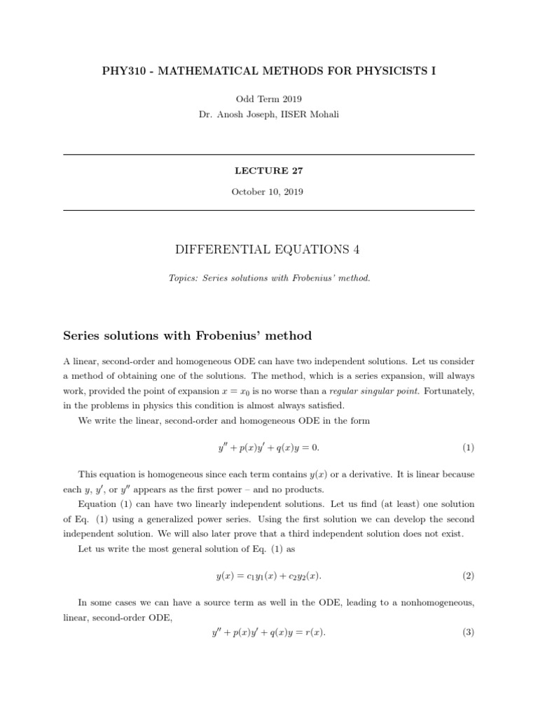 Differential Equations 4: Phy310 - Mathematical Methods For Physicists I | PDF | Ordinary ...