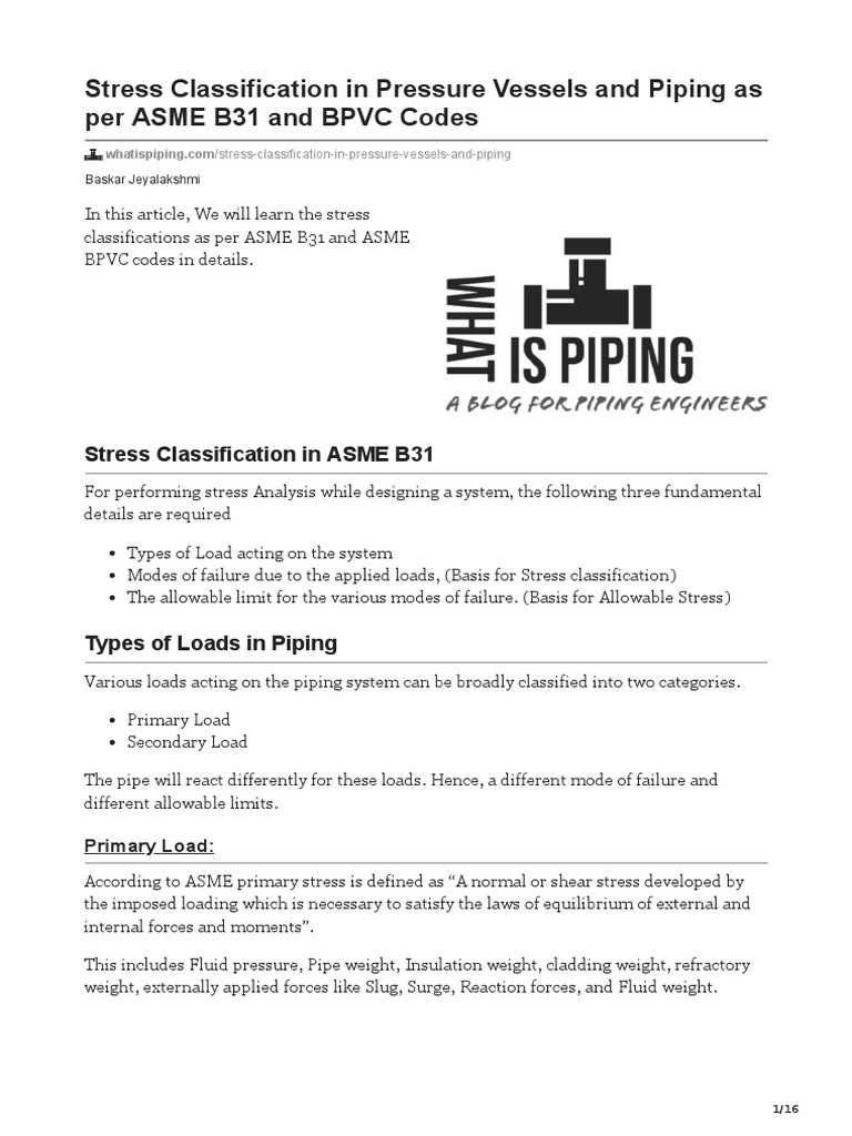 Stress Classification in Pressure Vessels and Piping As Per ASME B31 ...