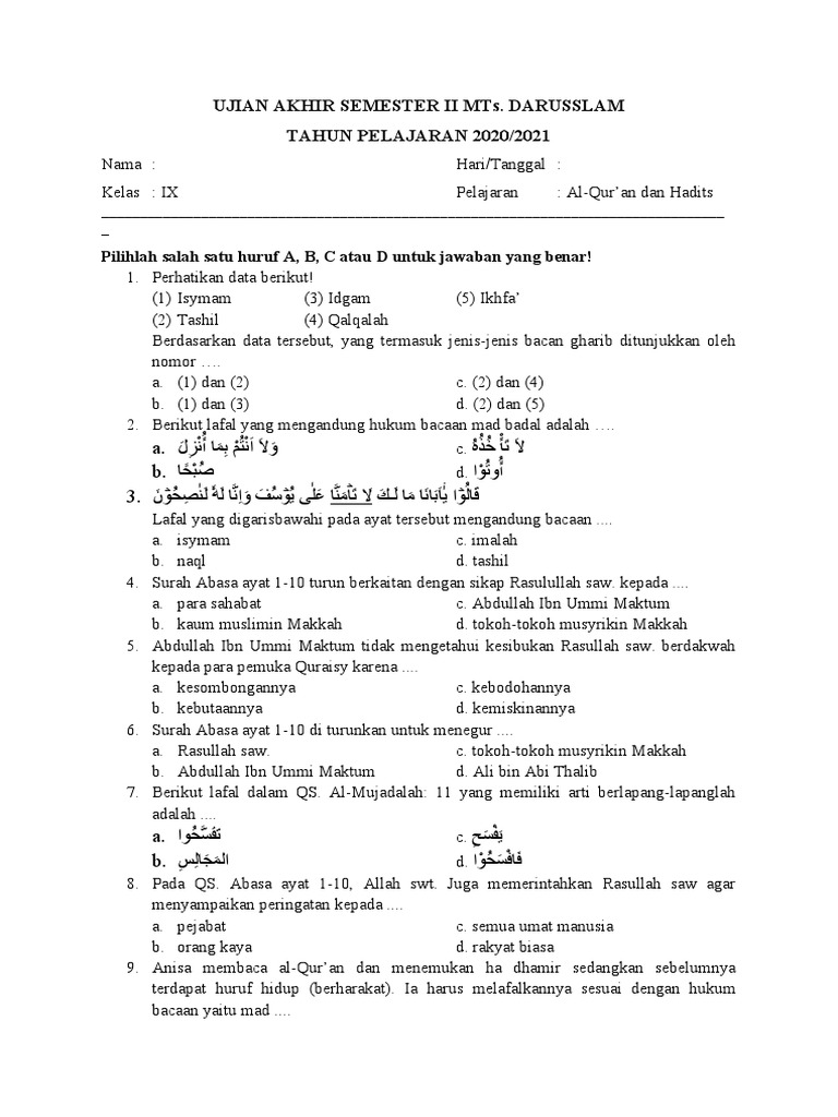 Ujian Al-Qur'an dan Hadits MTs 2021 | PDF