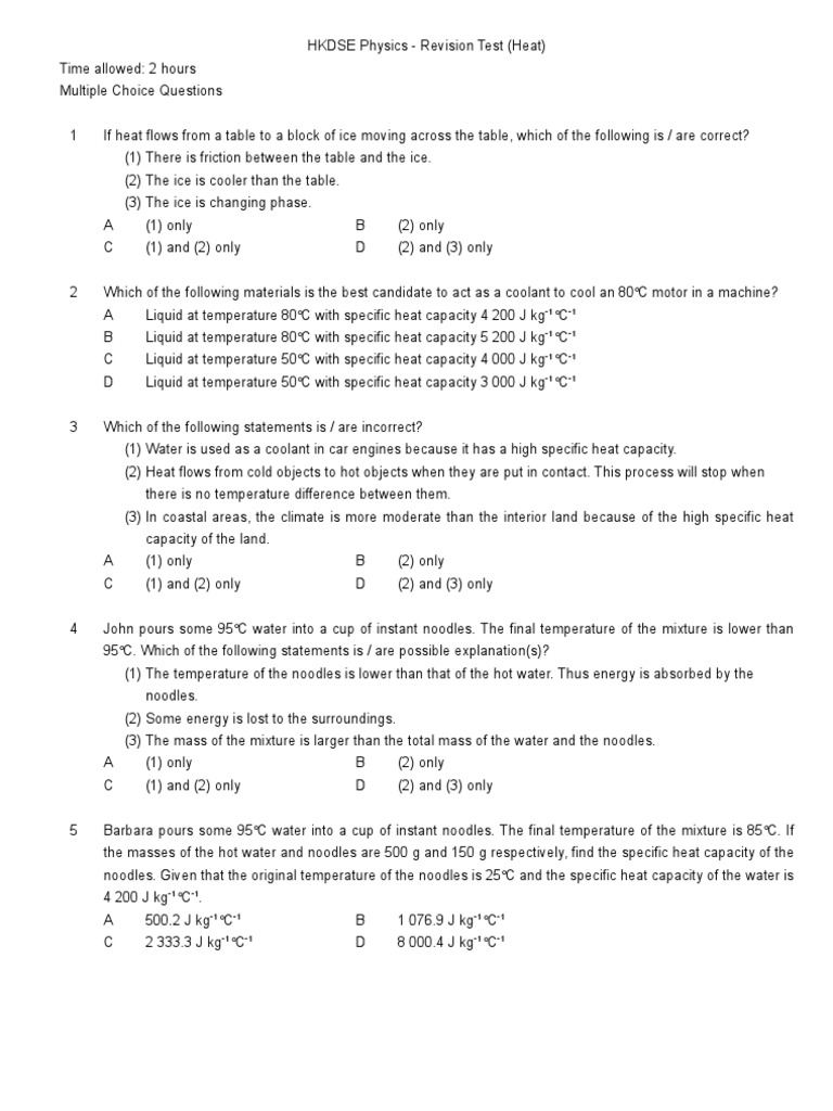 Heat Revision MC Test With Answers | PDF | Latent Heat | Heat Transfer