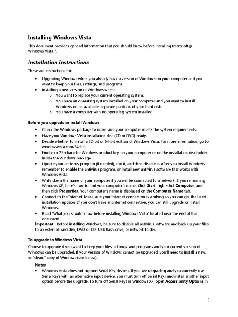 Installing Windows Vista: Installation Instructions | PDF | Microsoft ...