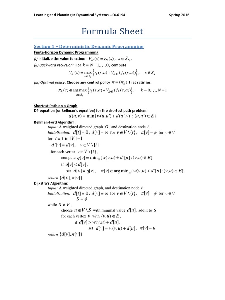 Formula Sheet: Section 1 - Deterministic Dynamic Programming | PDF ...