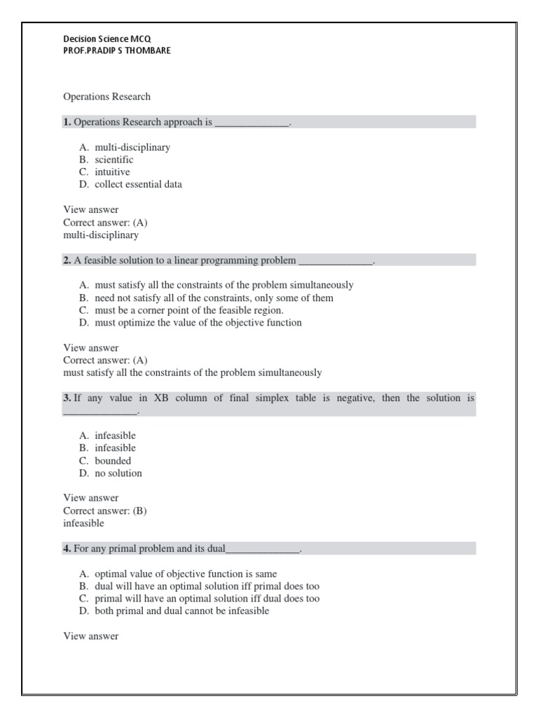 Decision Science MCQ Prof - Pradip S Thombare | PDF | Linear Programming | Mathematical Optimization