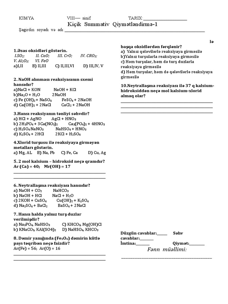 8ci Sinif Kimya KSQ1 | PDF