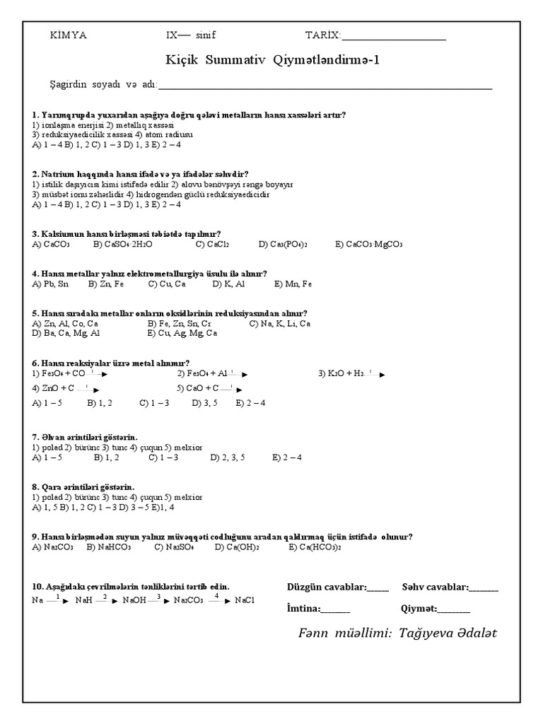9cu Sinif Kimya KSQ1 | PDF