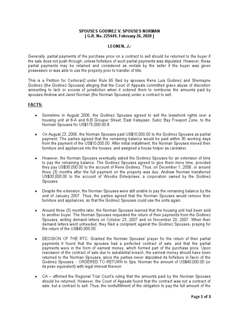 DIGEST - Sps. Godinez vs. Sps. Norman (02-2020) Civil Case - Partial ...