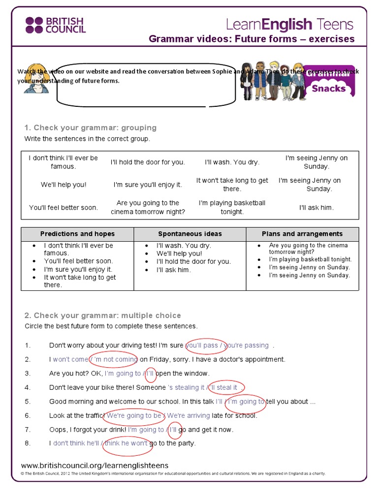 Grammar Videos: Future Forms - Exercises: 1. Check Your Grammar: Grouping | PDF