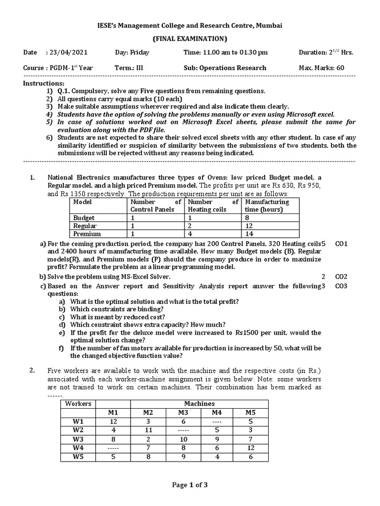 Operations Research Exam Paper | PDF | Applied Mathematics | Economies