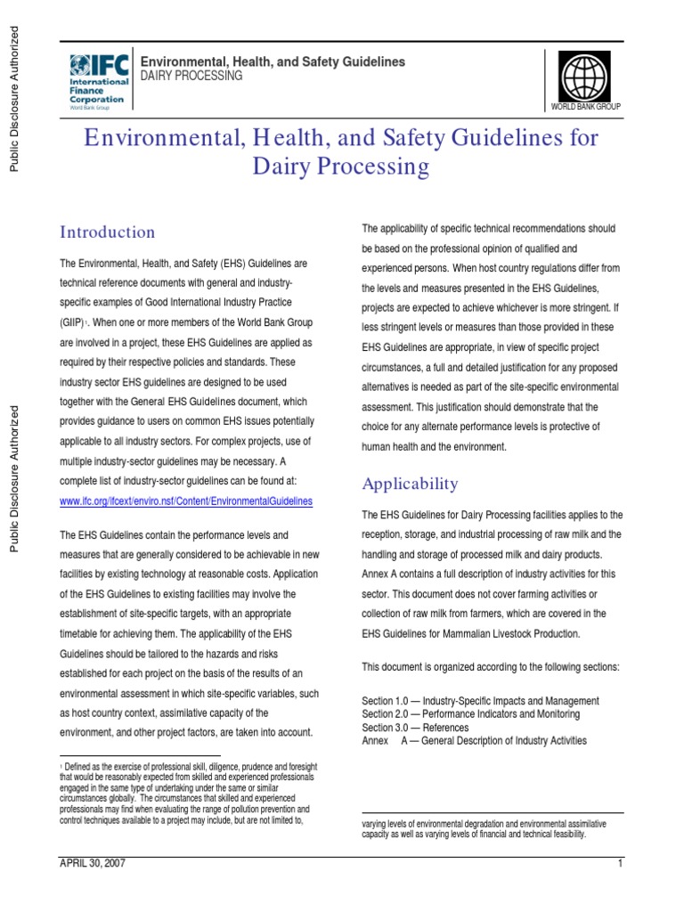Environmental, Health, and Safety Guidelines For Dairy Processing | PDF ...