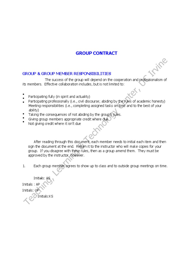 Group Contract: Group & Group Member Responsibilities | PDF | Academic ...