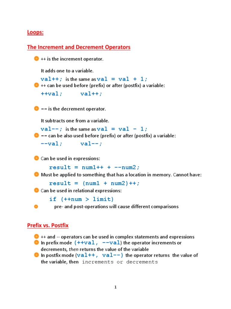 Loops: The Increment and Decrement Operators: Val++ Val Val + 1 ++val Val++ | PDF | Control Flow ...