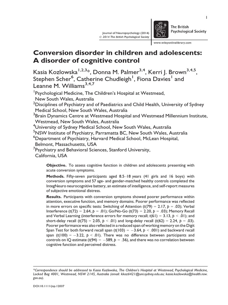Conversion Disorder in Children and Adolescents - A Disorder of ...