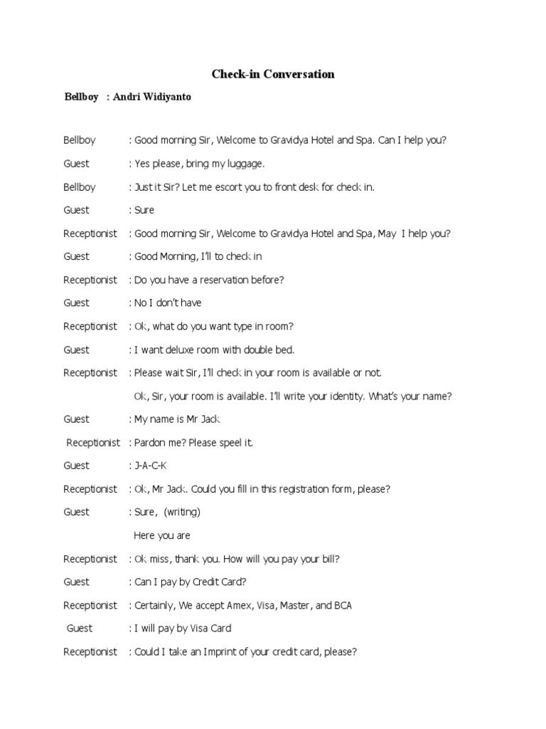 Check-In Conversation: Bellboy: Andri Widiyanto | PDF | Hotel And ...