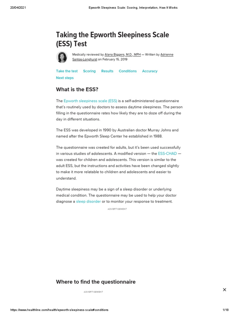 Epworth Sleepiness Scale - Scoring, Interpretation, How It Works | PDF ...