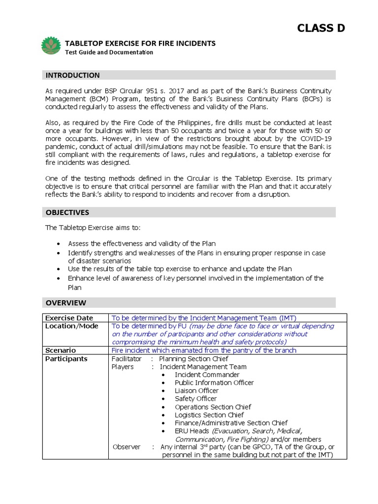 Class D: Tabletop Exercise For Fire Incidents | PDF | Emergency ...