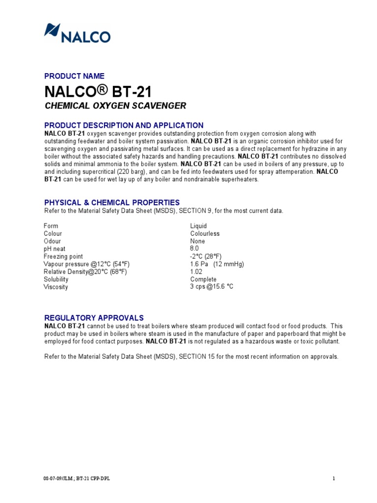 Nalco Oxygen Scanvenger BT-21 | PDF | Boiler | Gases