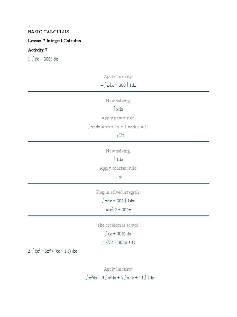 Basic Calculus Lesson 7 Integral Calculus Activity 7: Apply Linearity ...