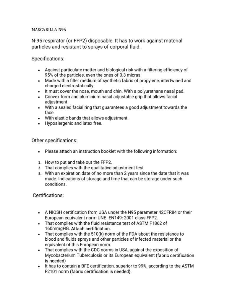 N95 Respirator Specifications and Standards | PDF