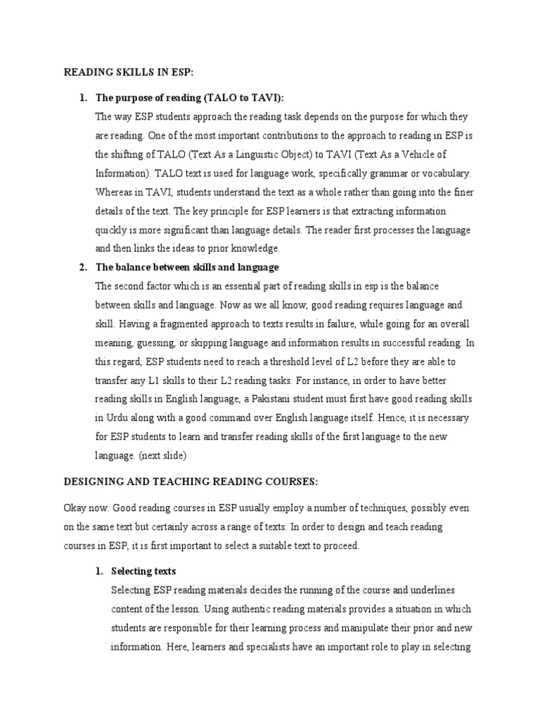 Reading Skills in ESP | PDF | Second Language | Learning