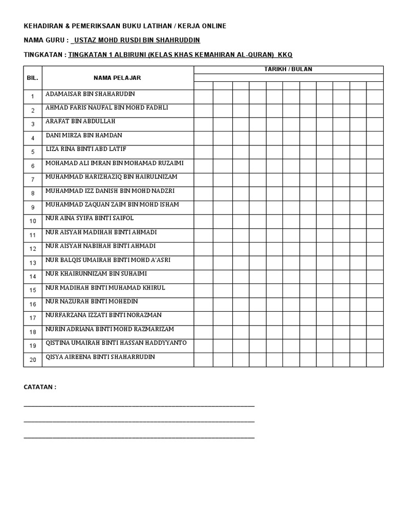 Kehadiran Tingkatan 1 Al-Biruni KKQ | PDF