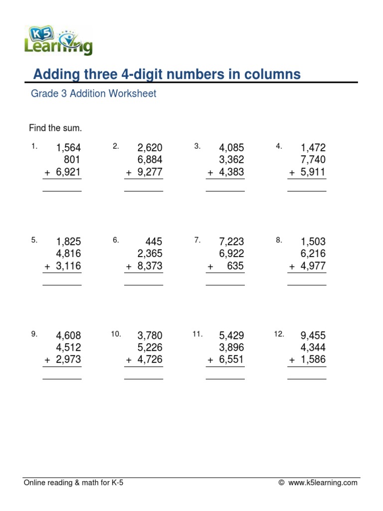 Adding Three 4-Digit Numbers in Columns: Grade 3 Addition Worksheet ...
