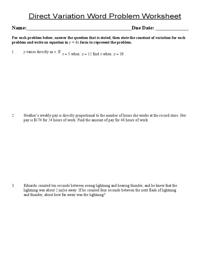 Direct Variation Worksheet | PDF