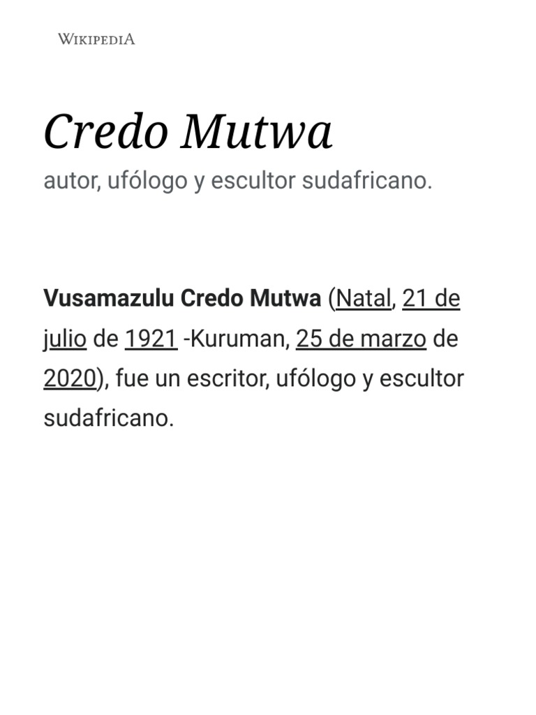 Credo Mutwa - Wikipedia, La Enciclopedia Libre | PDF | Medicina | Bienestar